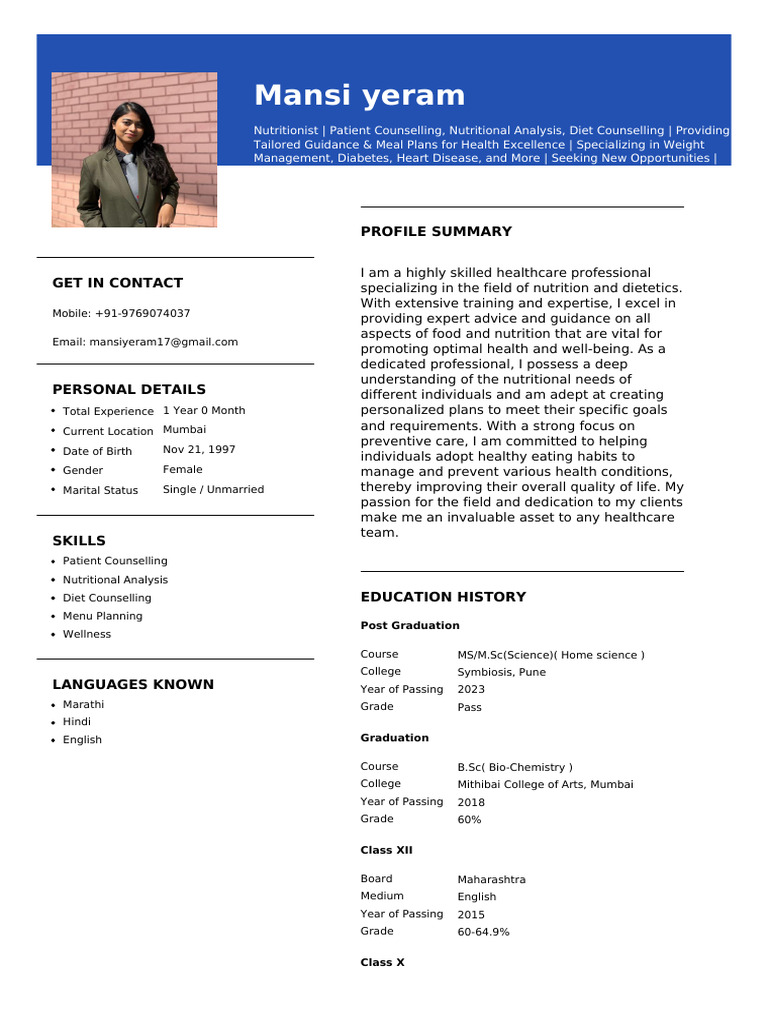 Nutritionist Mansi Yeram Resume | PDF | Diet (Nutrition) | Diet & Nutrition