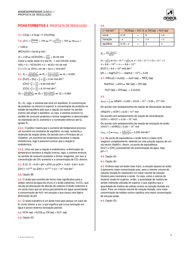 Solu Æo Ficha Formativa Equil¡Brio Qu¡Mico | PDF | Ácido | Ph