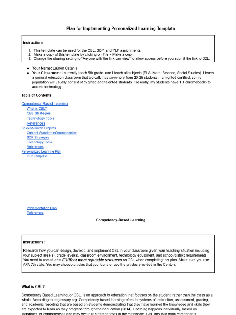 Lauren Olsen Itec 7600 Plan For Implementing Personalized Learning Template | PDF | Learning ...