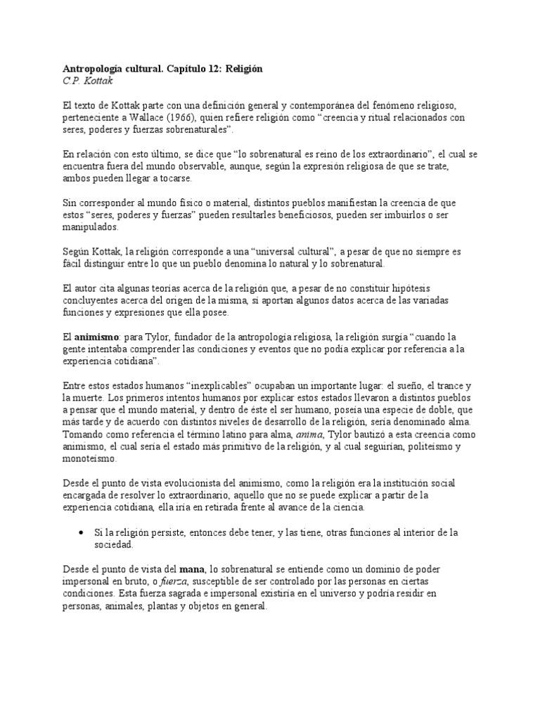 Kottak, Cap. 12 Religión - 1 | PDF | Antropología | Religión y creencia