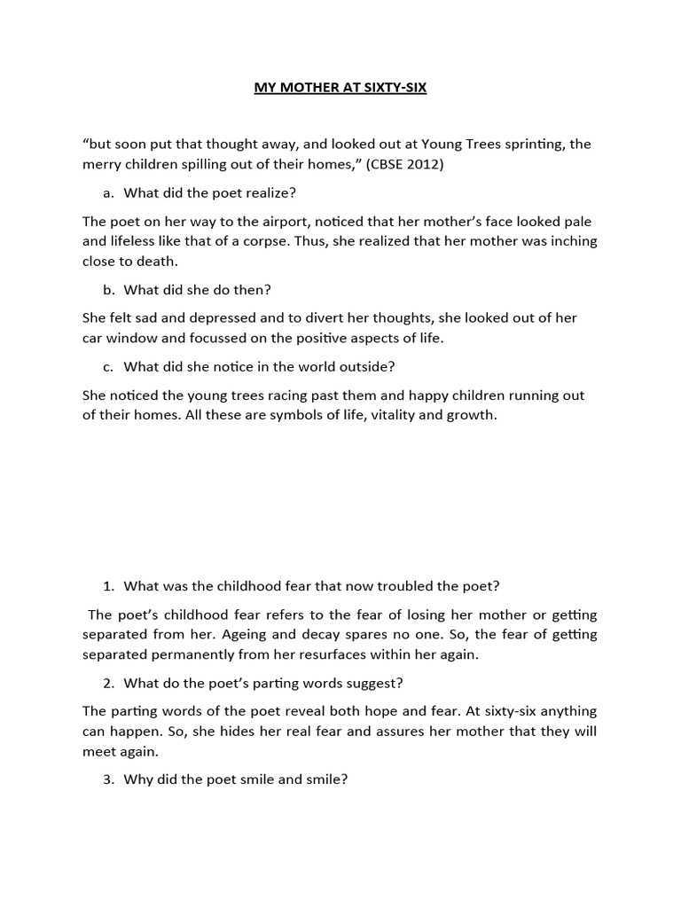 Notes - My Mother at Sixty Six | PDF | Fear | Behavioural Sciences