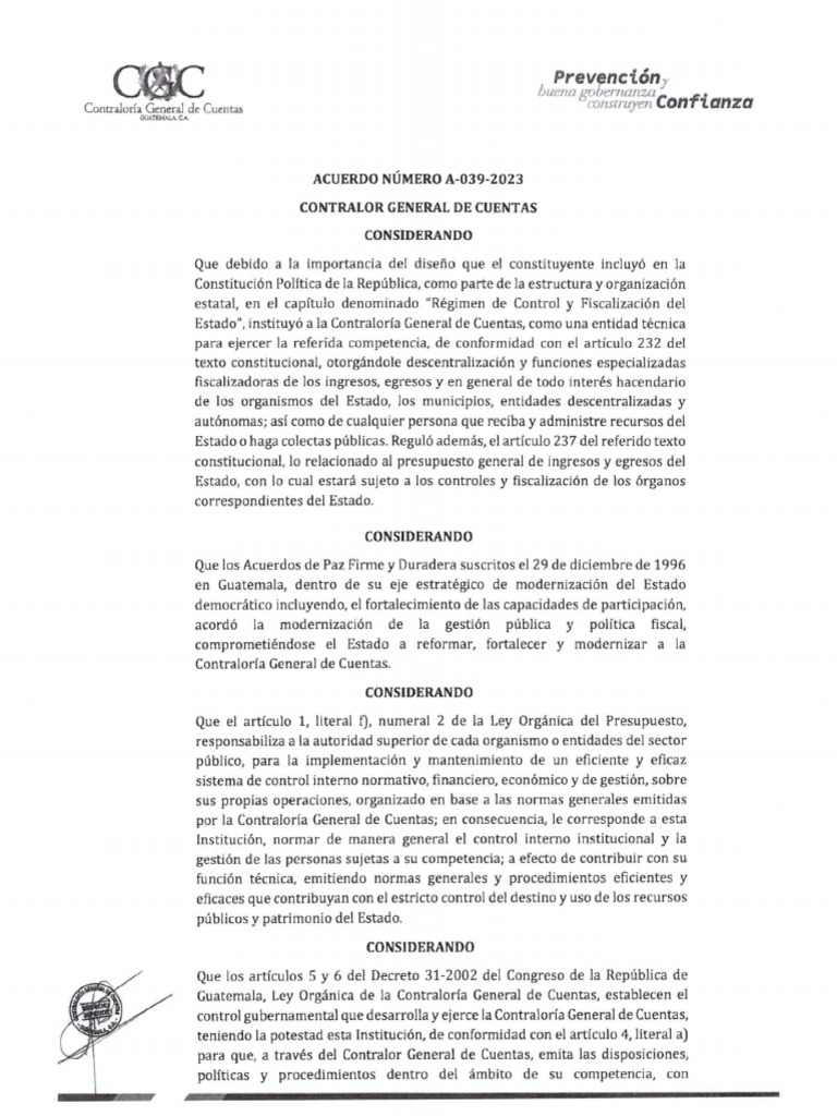 Acuerdo No. A-039-2023 Normas Generales y Técnicas de Contol Interno ...