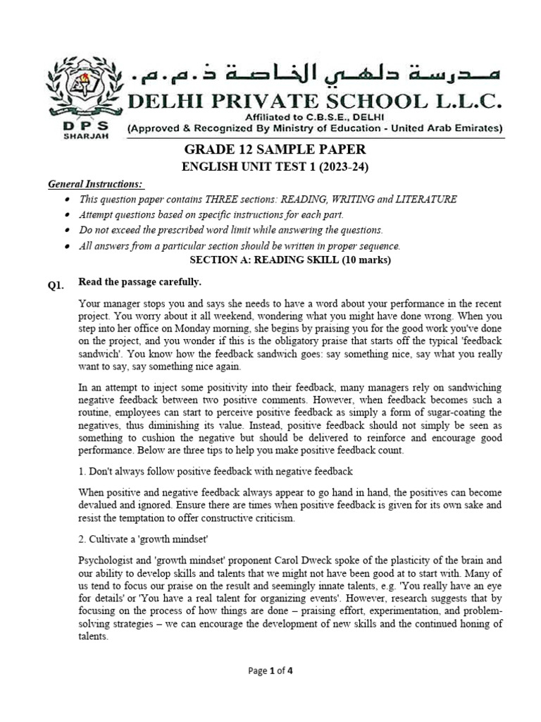 GR12 - English - Ut1 - Sample QP | PDF | Mindset | Positive Feedback