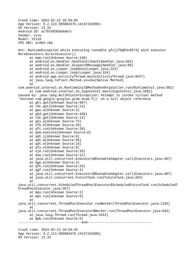 Vivo V2110 App Crash Report 2024 | PDF | Java (Programming Language) | Android (Operating System)