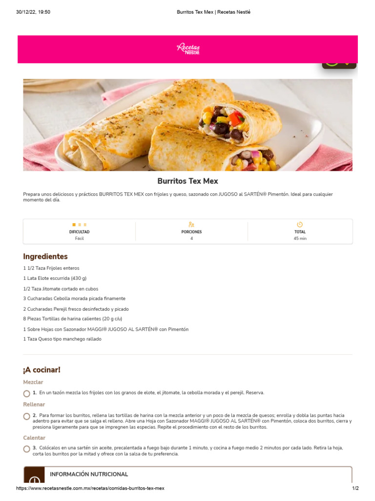 Burritos Tex Mex _ Recetas Nestlé | PDF | de Texas y Mexico | Burrito