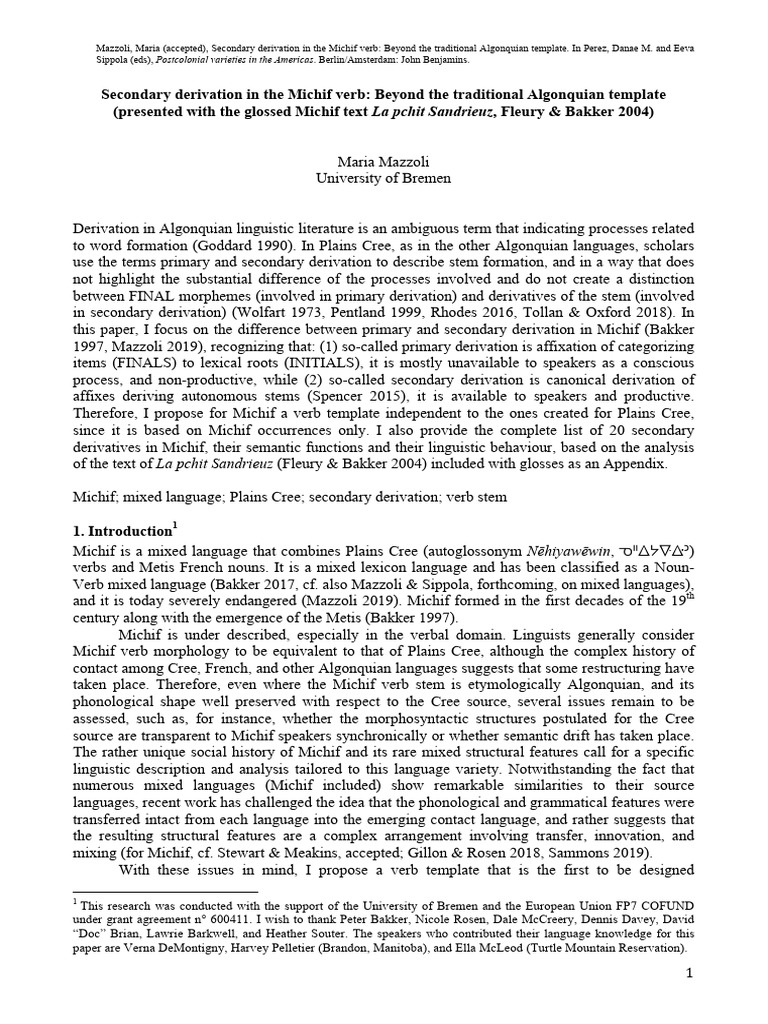 Michif Verb Secondary Derivation Analysis | PDF | Morphology ...
