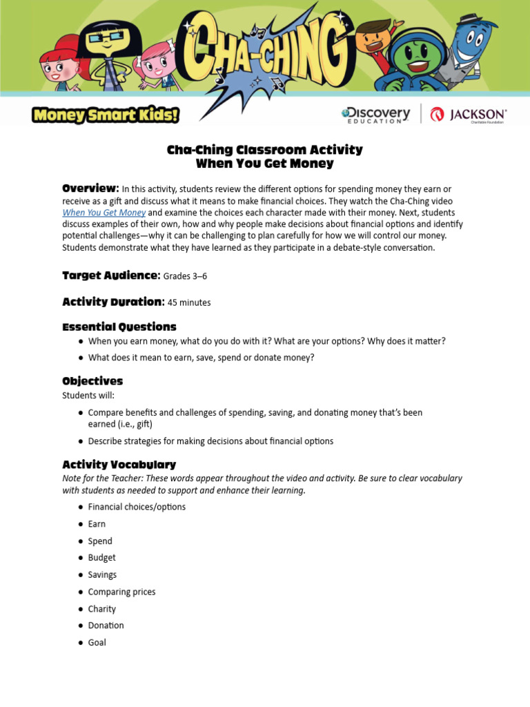 Cha Ching Activity When You Get Money | PDF | Income | Thought