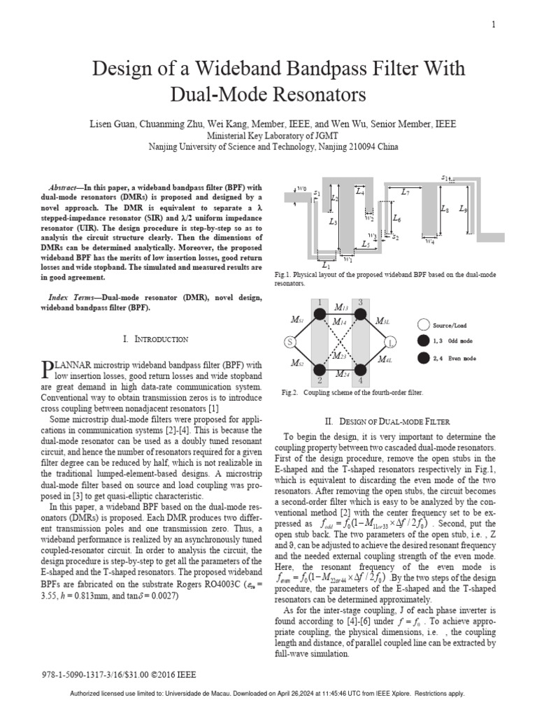 Design of A Wideband Bandpass Filter With Dual-Mode Resonators | Download Free PDF | Filter ...