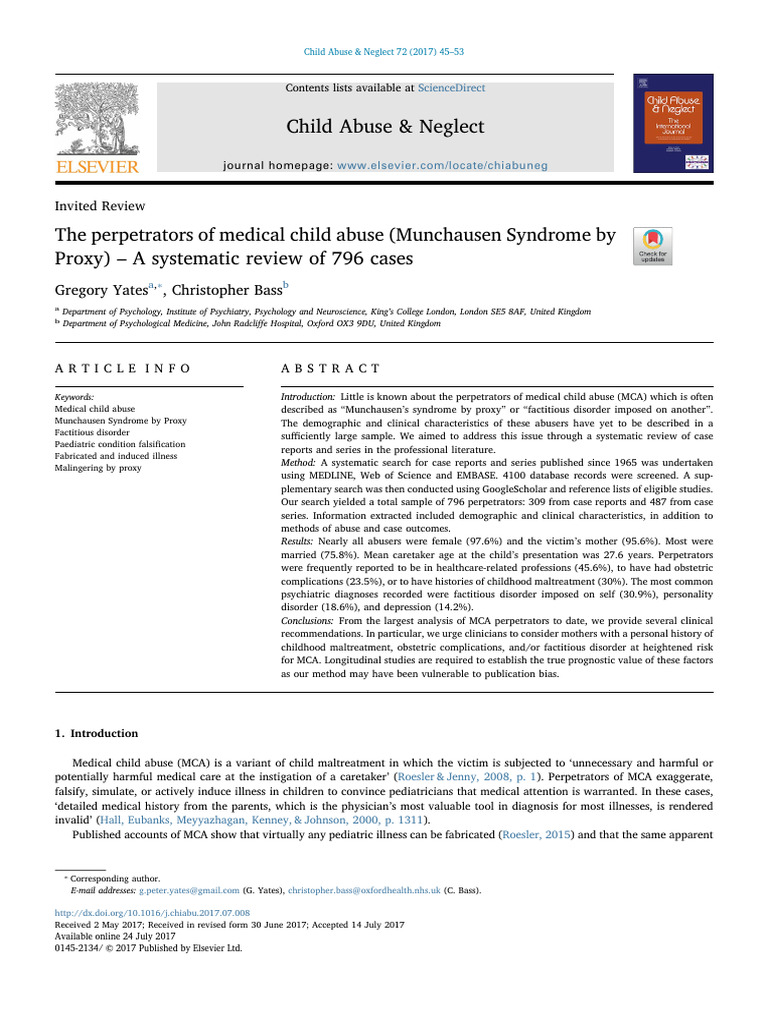 The Perpetrators of Medical Child Abuse (Munchausen Syndrome by Proxy ...
