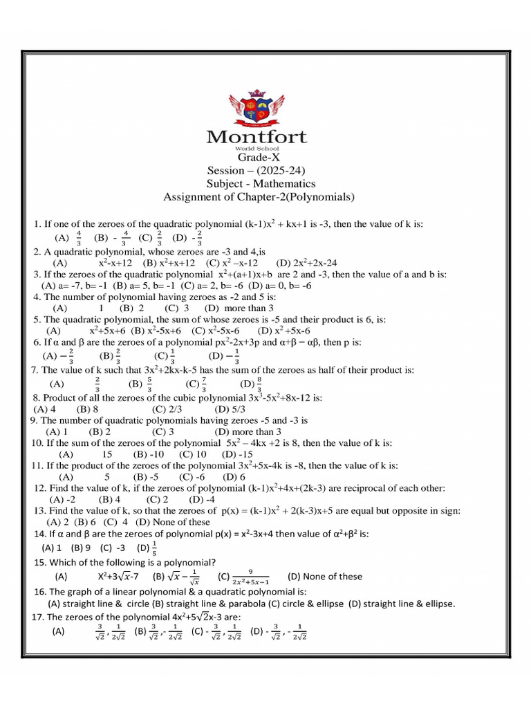 Chapter-2 (Polynomials)-X-2024-25 | PDF Chapter-2 (Polynomials)-X-2024-25 | PDF
