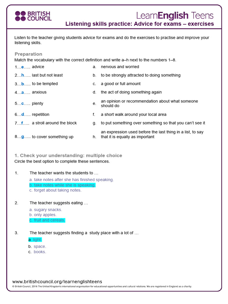 Ejercicio Advice For Exams - Listening ( | PDF | Behavior Modification ...