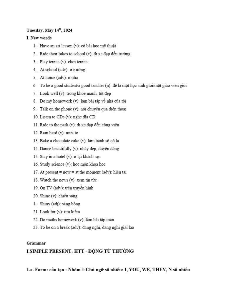 Tuesday, May 14, 2024 I. New Words: I.Simple Present: HTT - Đ NG T Thư NG | PDF