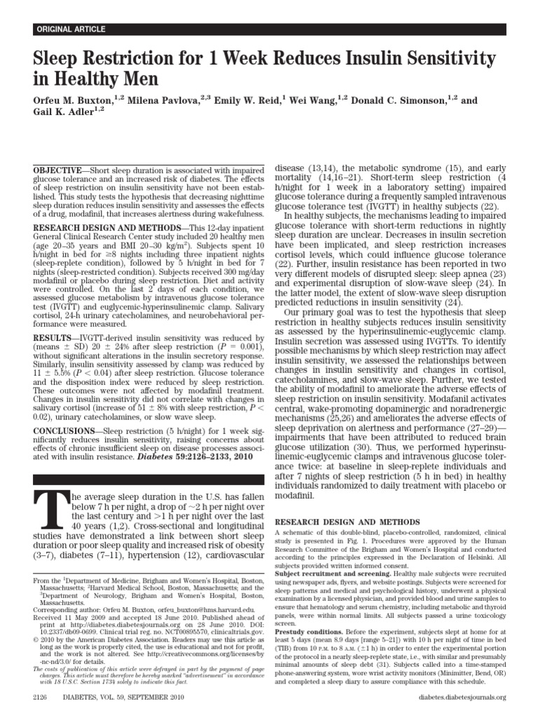 Sleep Restriction For 1 Week Reduces Insulin Sensitivity | PDF ...