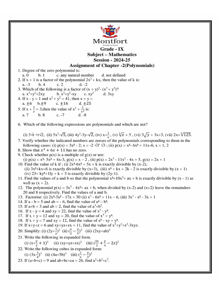 Assignment of Chapter-2 (Polynomials) - IX | PDF