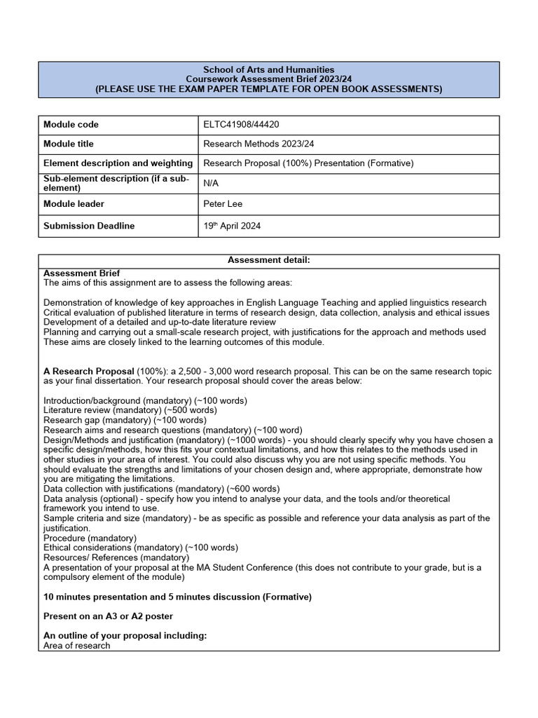 Research Proposal Guidelines 2023/24 | PDF | Cognition | Methodology