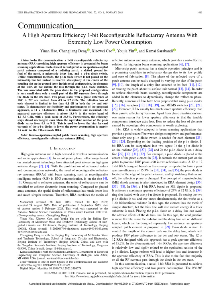 A High Aperture Efficiency 1 Bit Reconfigurable Reflectarray Antenna With Extremely Low Power