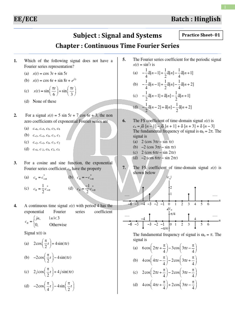 Continuous Time Fourier Series - Practice Sheet 01 | PDF | Mathematical Analysis | Mathematical ...