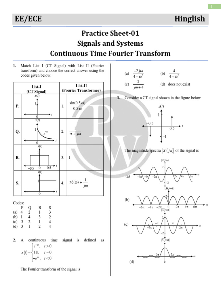 Continuous Time Fourier Transform - Practice Sheet 01 | PDF | Fourier Transform | Spectral Density