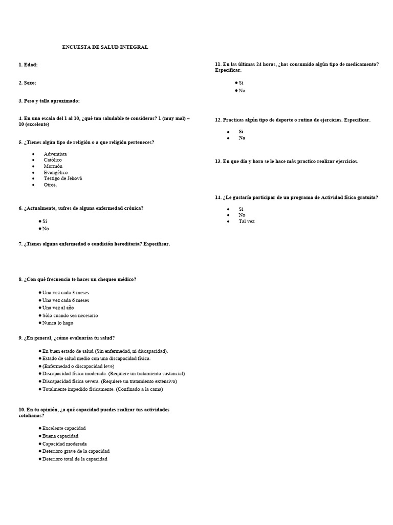 Encuesta de Salud Integral | Descargar gratis PDF | Enfermedades y trastornos | Medicina CLINICA