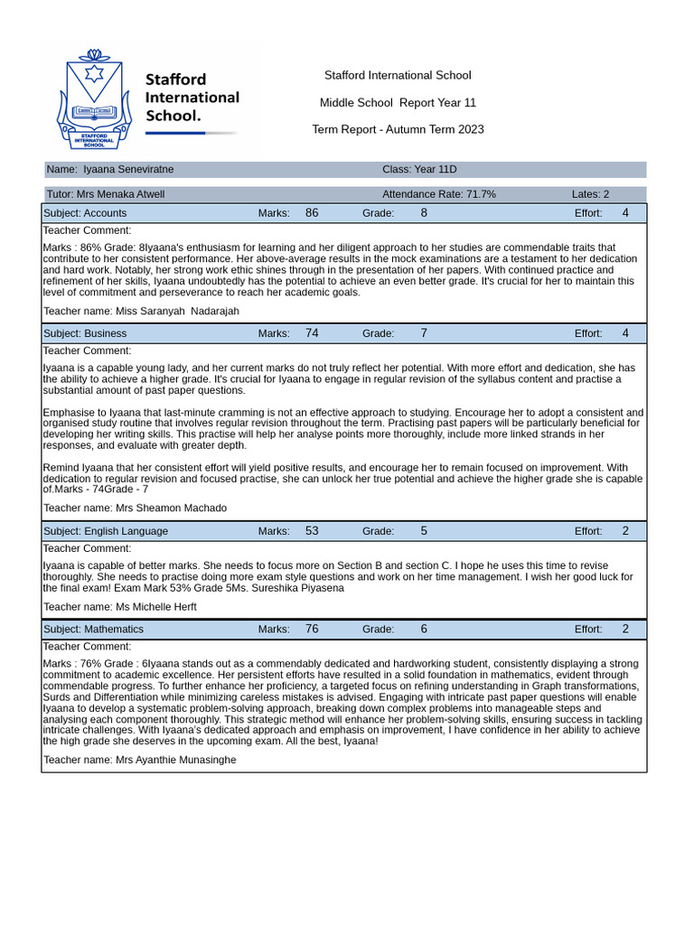 Year 11 Autumn Term Report Summary | PDF | Teachers | Educational ...