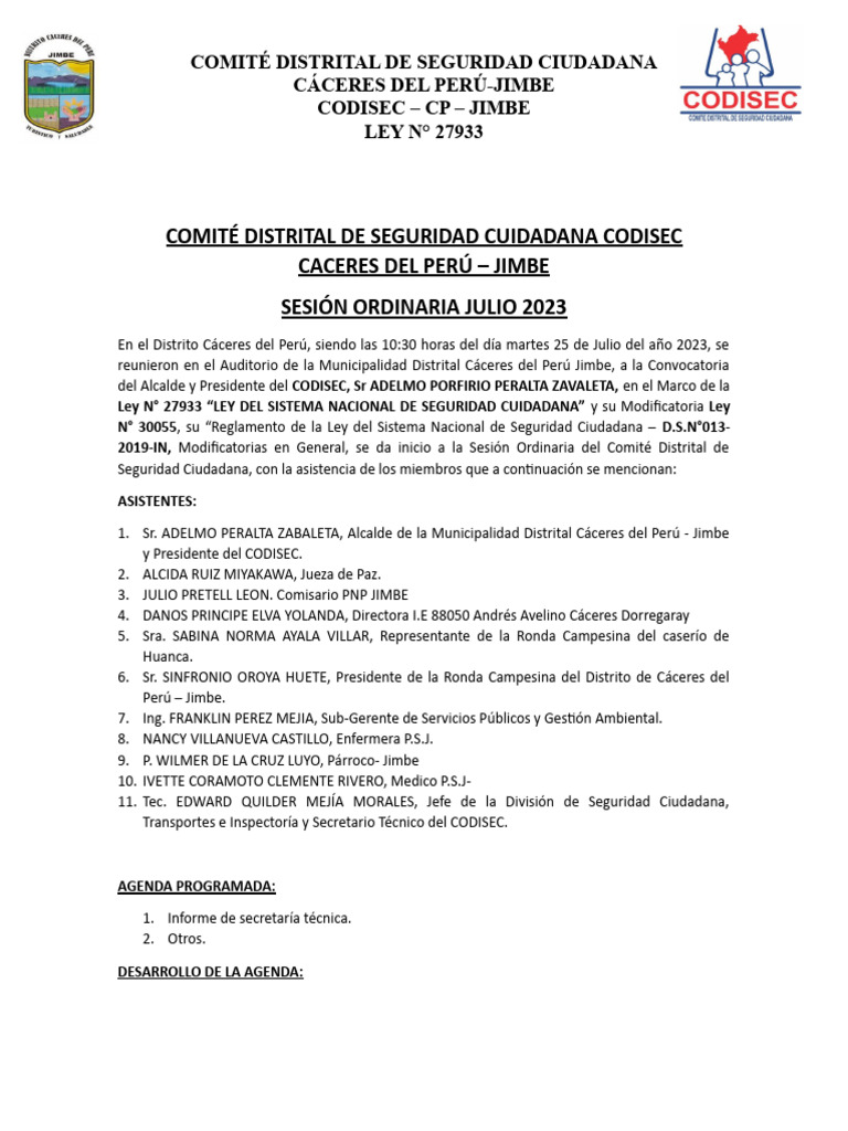 Acta de Reunion de Codisec Mes de Agosto | PDF | Crímenes | Crimen y ...