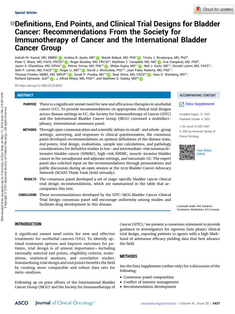 Kamat Et Al 2023 Definitions End Points and Clinical Trial Designs For ...
