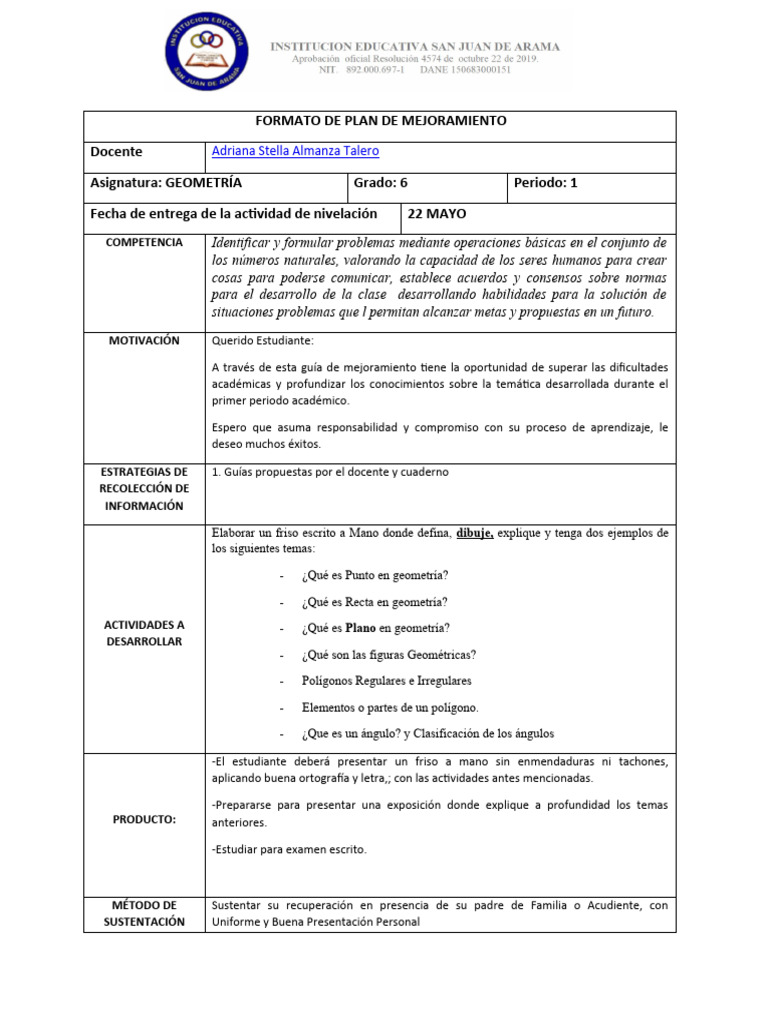 6 - 2 Geo-1p Plan Mejoramiento-2024 NF y Acta de Recibido | Descargar gratis PDF | Geometría