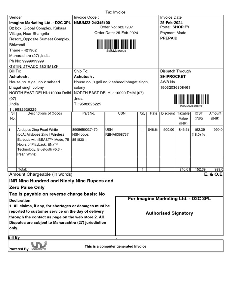 boAt Invoice | PDF | Government Finances | Taxes