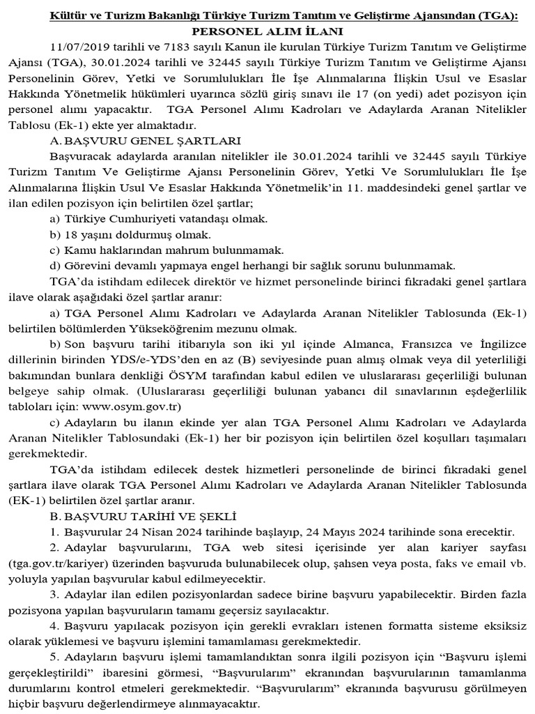 Turkiye Turizm Tanitim Ve Gelistirme Ajansi Personel Alim Ilani 24-05 ...