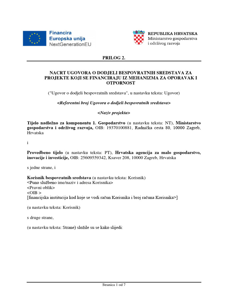 Prilog 2. Ugovor o Dodjeli Bespovratnih Sredstava - BPD | PDF