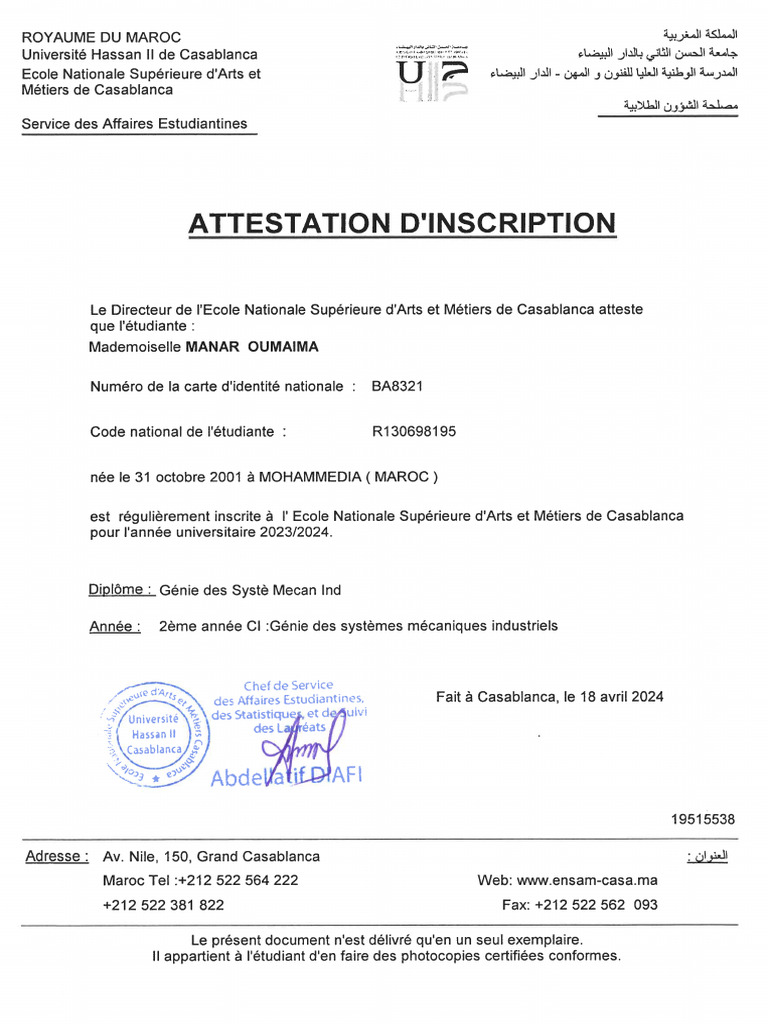 Attestation D'inscription | PDF
