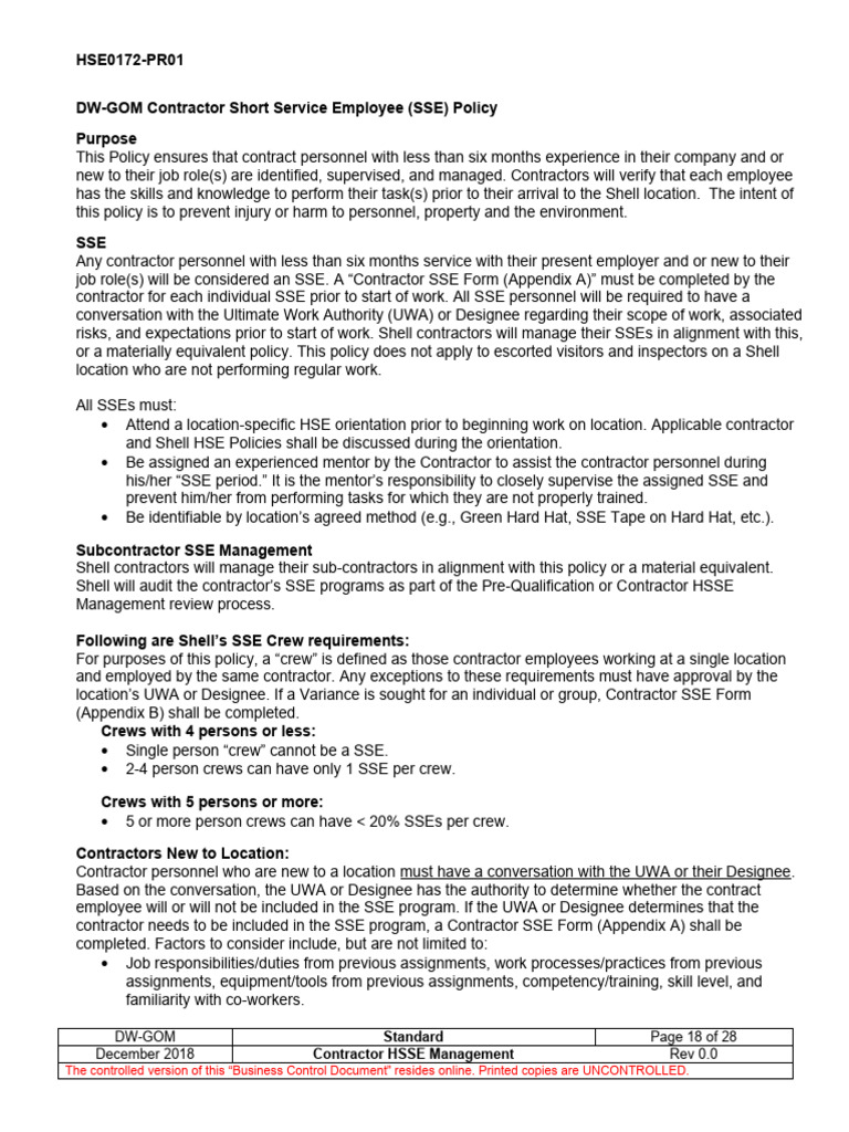 Shell - HSE0172 PR01 Rev0.0 | PDF | Employment | General Contractor