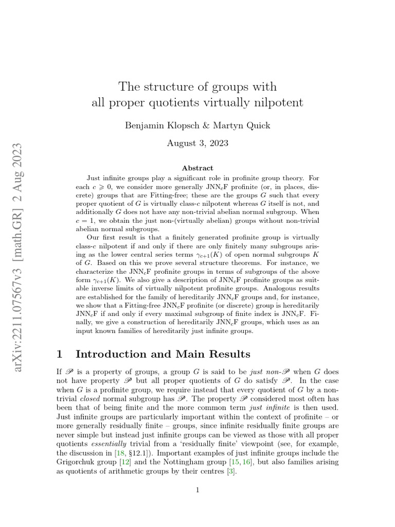 The Structure of Groups With All Proper Quotients Virtually Nilpotent | PDF | Group (Mathematics ...