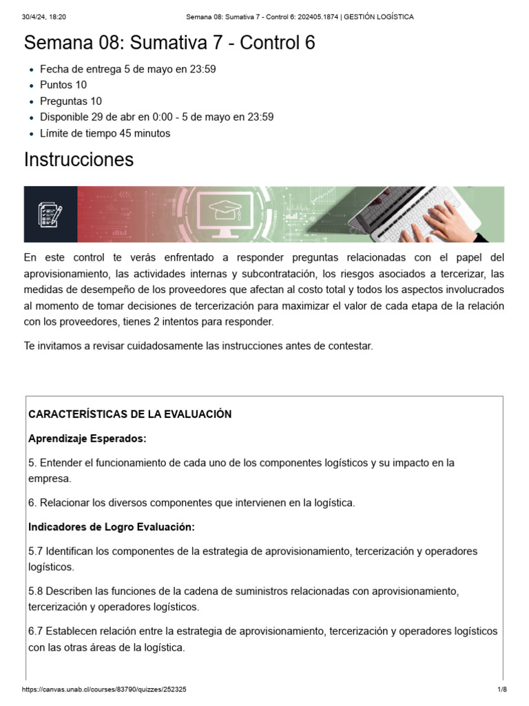 Semana 08_ Sumativa 7 - Control 6_ 202405.1874 _ GESTIÓN LOGÍSTICA | PDF | Cadena de suministro ...