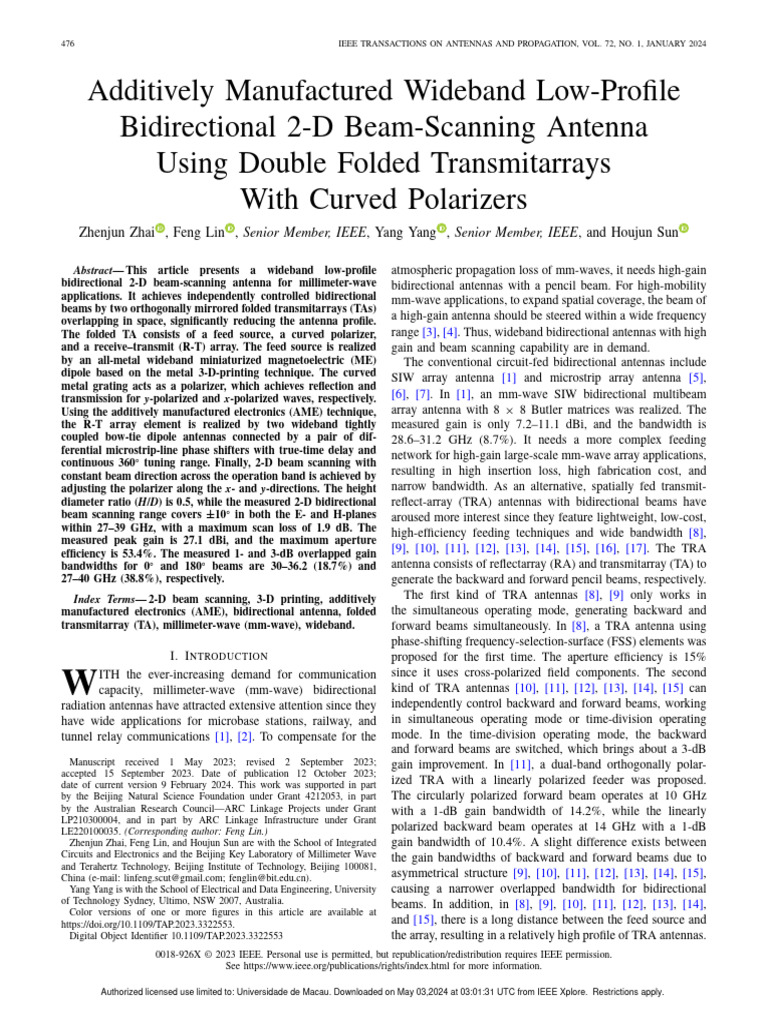 Additively Manufactured Wideband Low-Profile Bidirectional 2-D Beam ... Additively Manufactured Wideband Low-Profile Bidirectional 2-D Beam ...