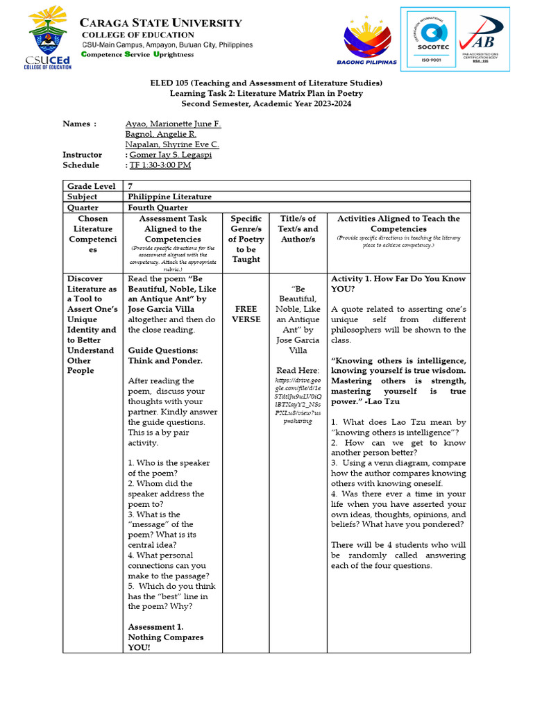 Literature Matrix Plan (Ayao, Bagnol, Napalan) | PDF | Learning | Cognition