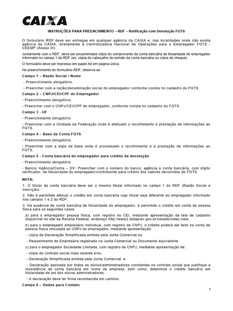 Instruções para Preenchimento do RDF | PDF | Conta de transação | Crédito