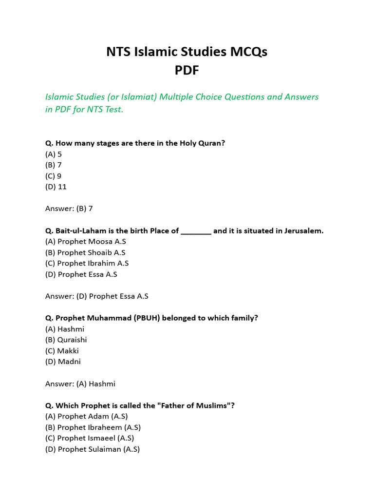 Nts Islamic Studies Mcqs | PDF | Surah | Prophets And Messengers In Islam