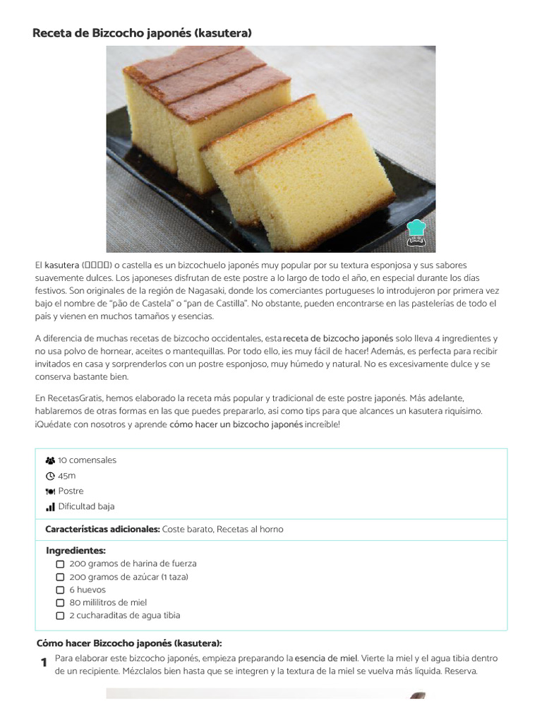 Matcha Kasutera: Bizcocho Japonés Esponjoso | PDF | Postres | Confitería