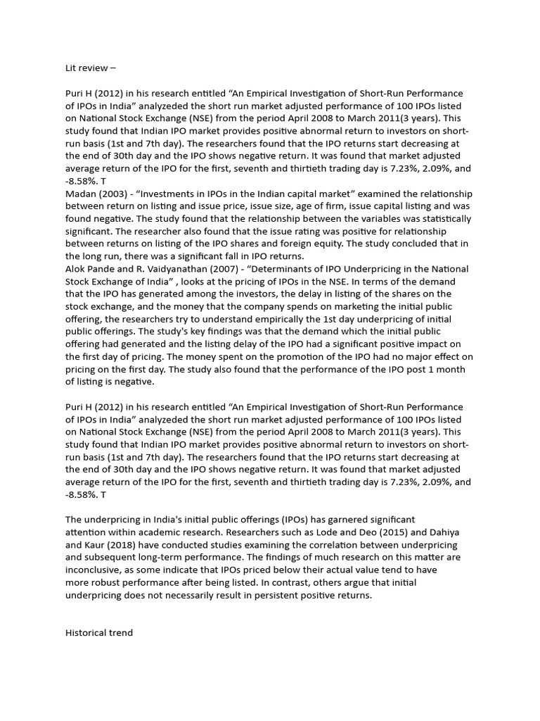 Lit Review | PDF | Initial Public Offering | Long Run And Short Run