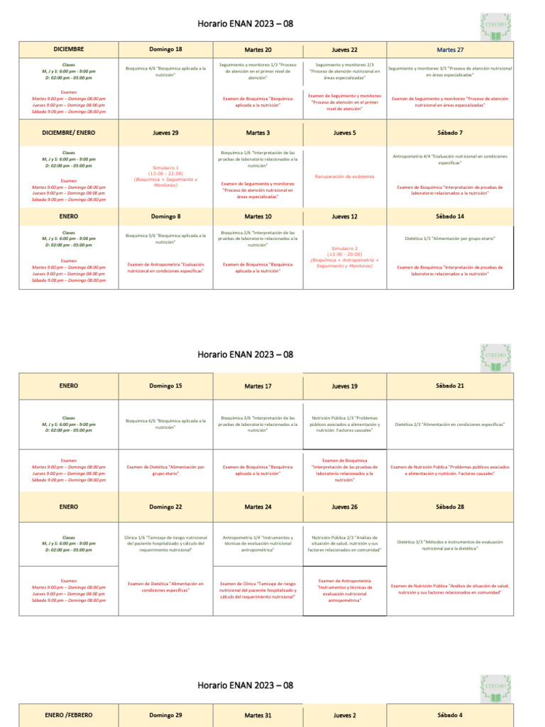 Horario Clases ENAN Diciembre-Febrero | PDF | Dietético | Nutrición