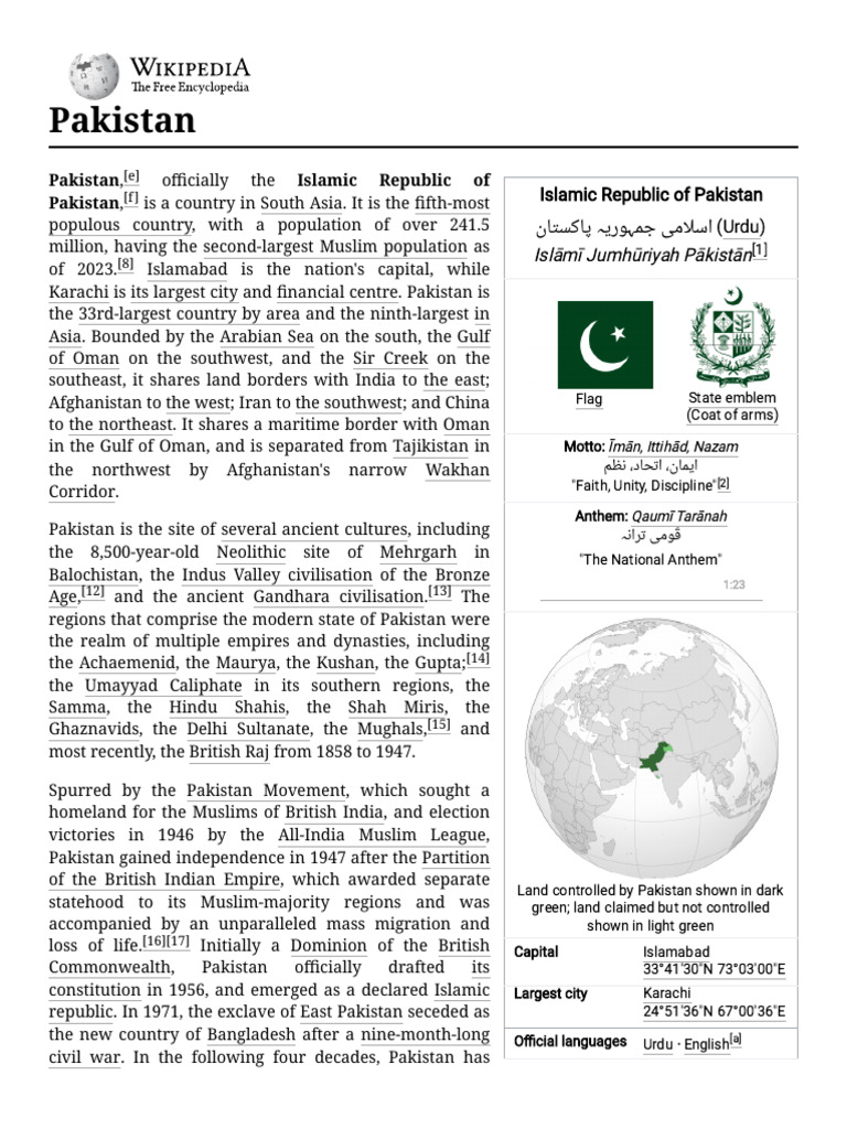 Pakistan Wikipedia Pdf Pakistan Partition Of India