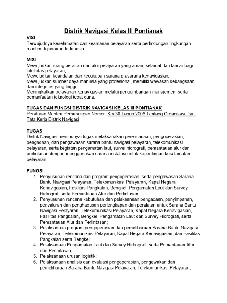 Tugas dan Fungsi Disnav Pontianak | PDF