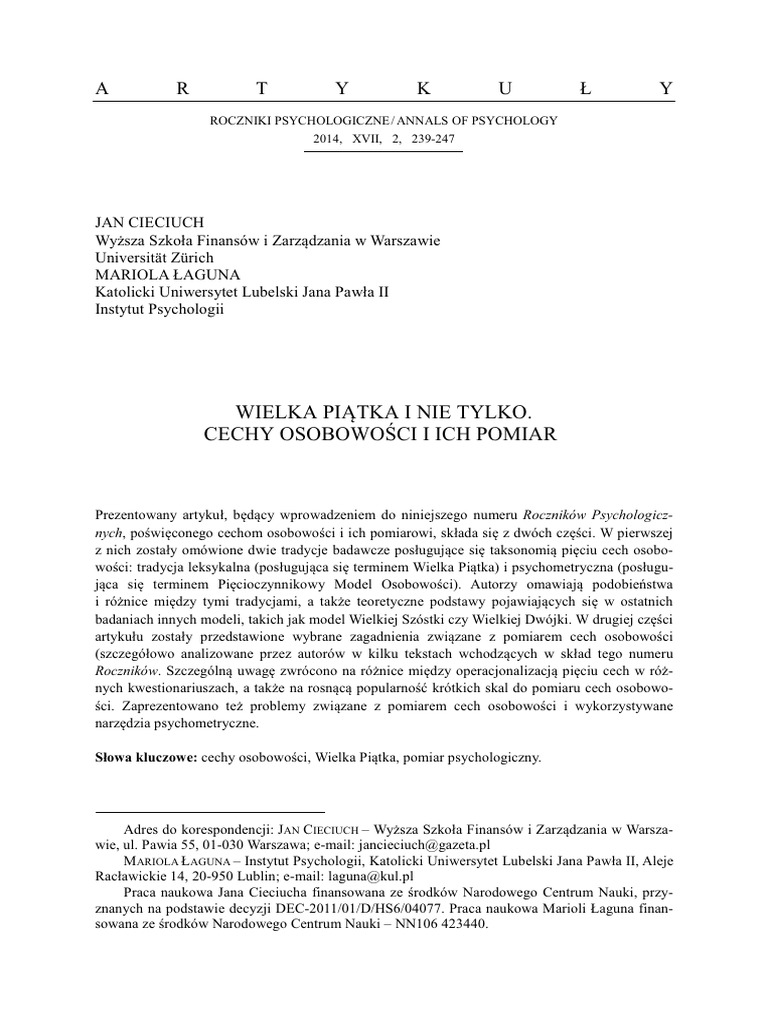 Wielka Piątka I Nie Tylko Cechy Oso | PDF