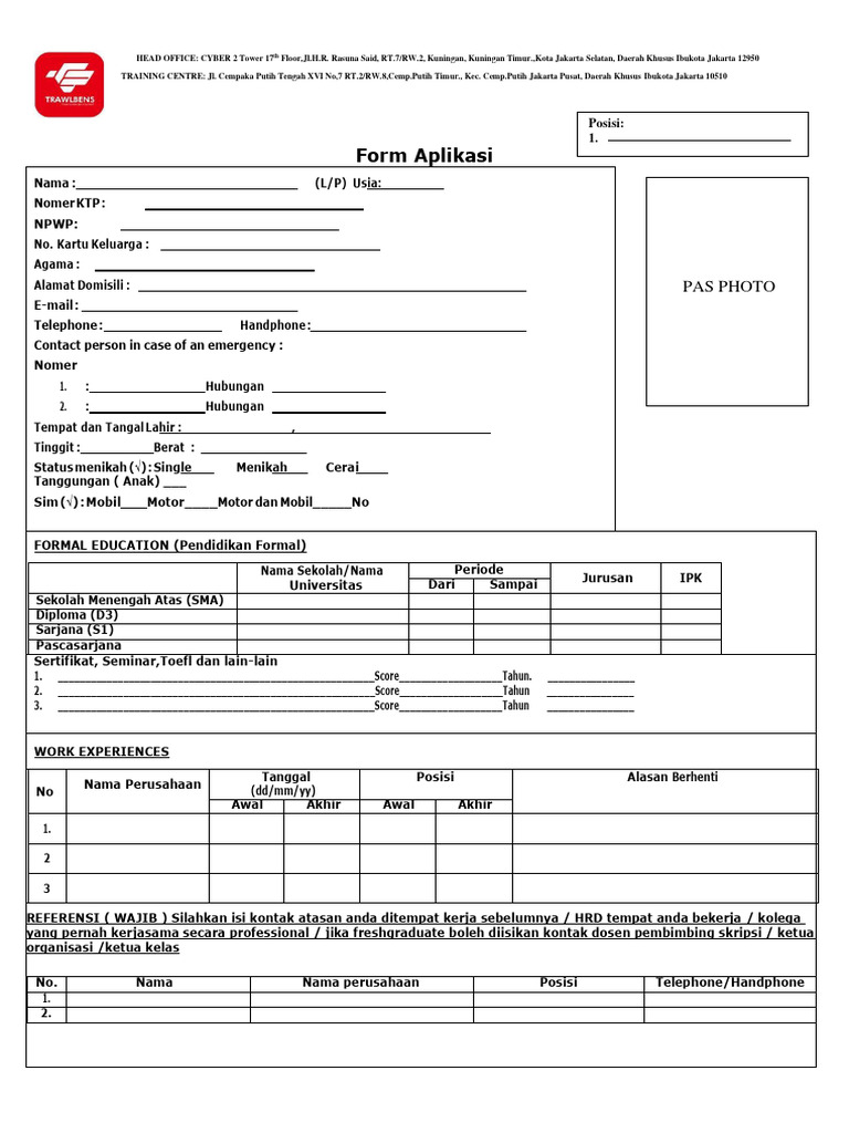 Formulir Aplikasi Kerja Lengkap | PDF