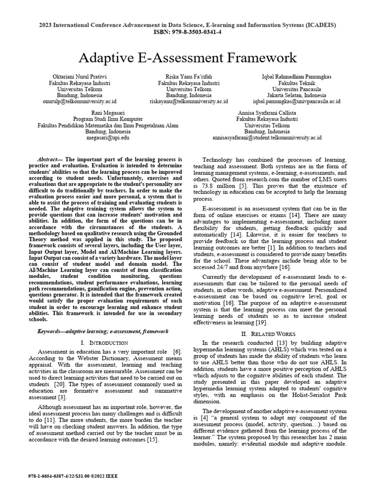 Adaptive E-Assessment Framework | PDF | Educational Assessment | Machine Learning