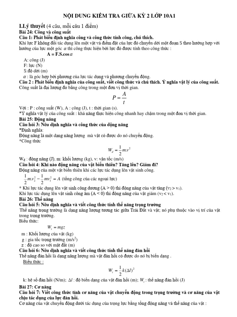 NỘI DUNG KIỂM TRA GIỮA KỲ 2 10A1 | PDF