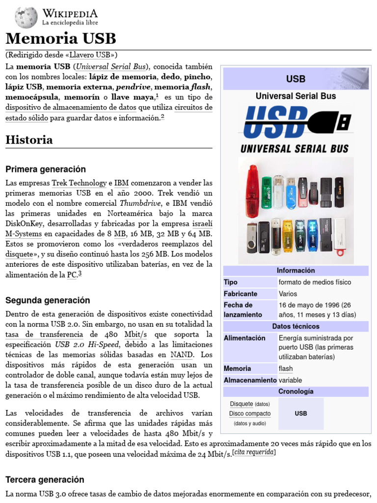 Memoria USB - Wikipedia, La Enciclopedia Libre | PDF | Memoria USB | USB
