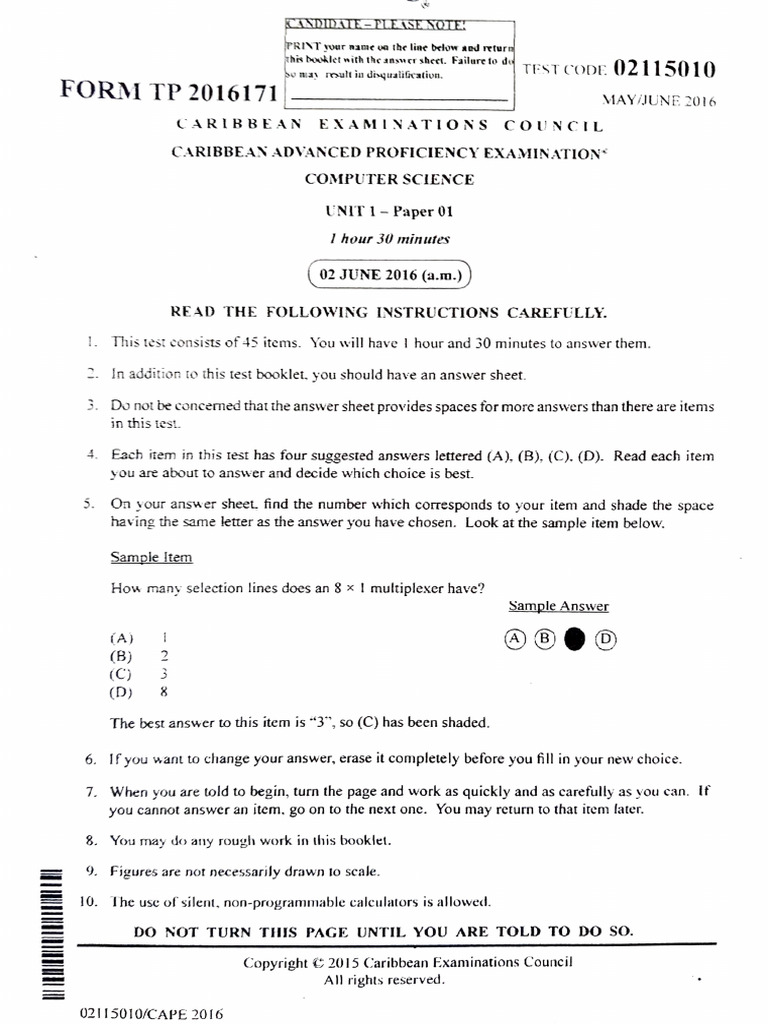 CAPE Computer Science U1 P1 2016 | PDF
