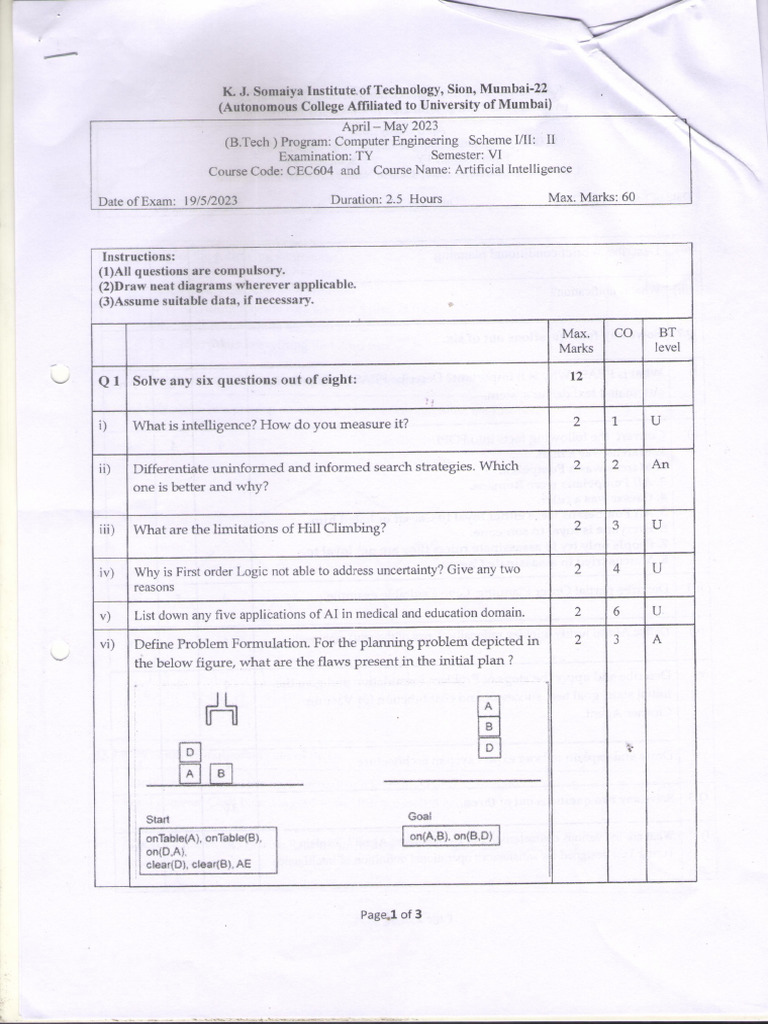 SEM VI COMP CEC604 AI May2023 | PDF